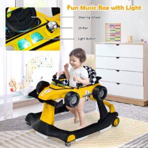 HONEY JOY 4-in-1 Baby Walker, Activity Push Walker w/3 Adjustable Heights, Smooth Wheels w/Adjustable Speed, Padded Seat, Music & Light, Foldable Car Walker for Baby Boys Girls Age 6 Months+ (Yellow)