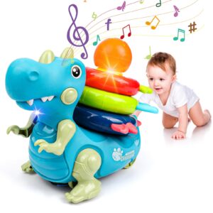 popsunny baby musical crawling toy aged 6-12 months, dinosaur toddler walking and stacking toys with music & light, infant learning tummy time toy gift for boys girls