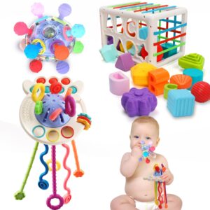 3 in 1 baby toys 6 to 12 months, baby teething toys & pull string & shape sort cube sensory toys, montessori toys for babies 6-12 months, infant toys 6-9-12-18 m+, gifts for baby toys 12-18 months