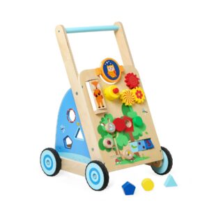 wooden baby walker, activity walker, toddler push walking toy, learning activity stroller, sit to stand walker for girls and boys 1-3 years old