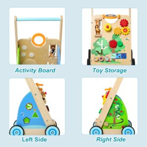 Wooden Baby Walker, Activity Walker, Toddler Push Walking Toy, Learning Activity Stroller, Sit to Stand Walker for Girls and Boys 1-3 Years Old