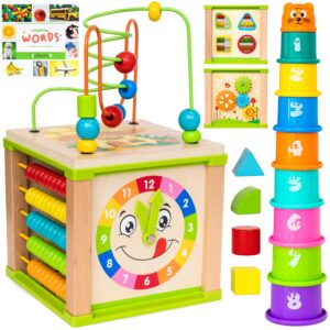 toyventive wooden activity cube, montessori toys for 1+ year old girl, multipurpose educational sensory toy for baby, toddler, kid | first birthday gift | bonus first words book