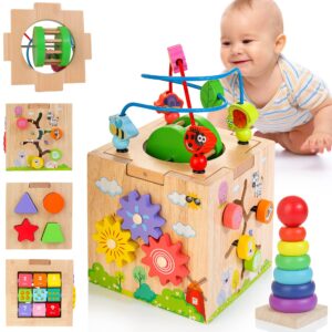 kizfarm 8-in-1 activity cube wooden montessori toys for 1+ year old, bead maze shape sorter developmental learning toys, bonus sorting & stacking toys for 12m+ toddlers, gift packaging