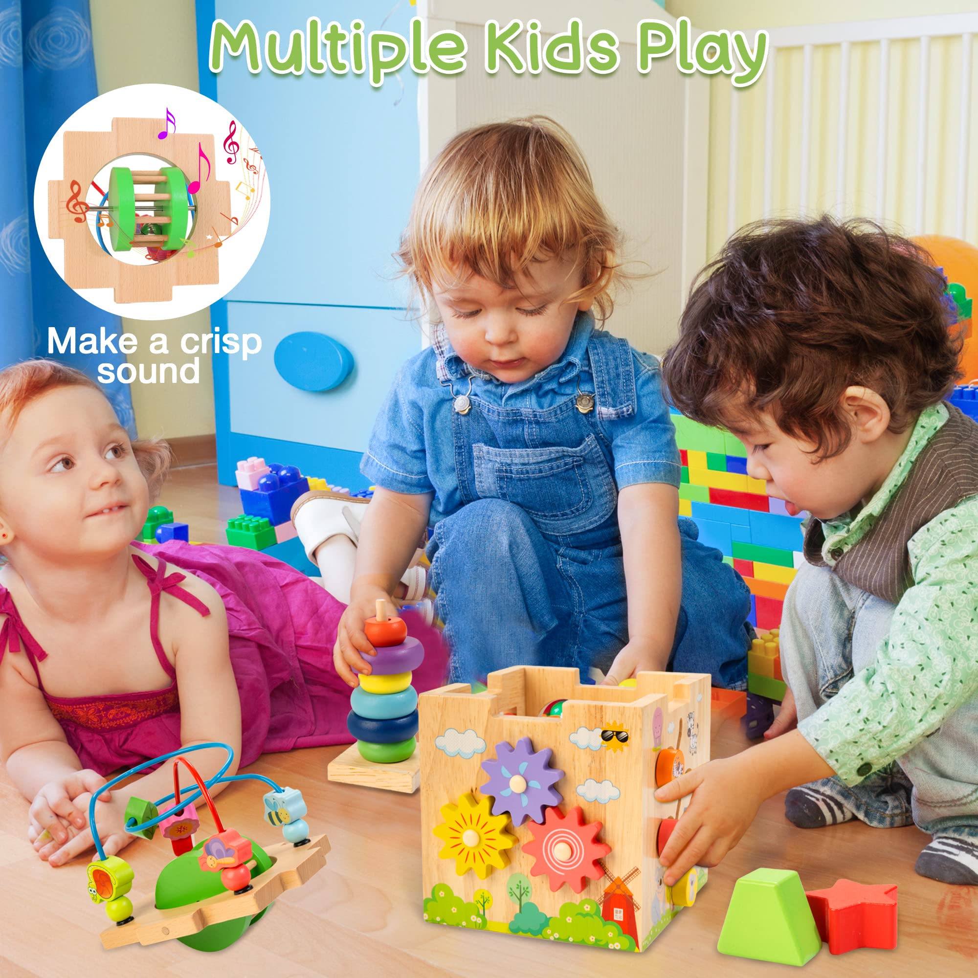 Kizfarm 8-in-1 Activity Cube Wooden Montessori Toys for 1+ Year Old, Bead Maze Shape Sorter Developmental Learning Toys, Bonus Sorting & Stacking Toys for 12M+ Toddlers, Gift Packaging