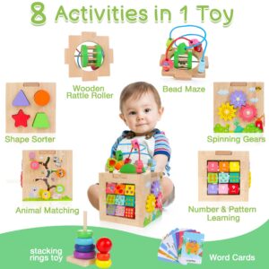 Kizfarm 8-in-1 Activity Cube Wooden Montessori Toys for 1+ Year Old, Bead Maze Shape Sorter Developmental Learning Toys, Bonus Sorting & Stacking Toys for 12M+ Toddlers, Gift Packaging