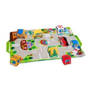 melissa & doug take-along town play mat (19.25 x 14.25 inches) with 9 soft vehicles - with storage bag, toy vehicle play sets for babies