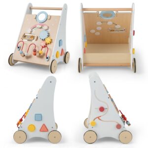 BABY JOY Wooden Baby Walker, Push and Pull Sit-to-Stand Learning Walker Activity Center, Toddler Montessori Educational Toy, Develops Motor Skills & Stimulates Creativity, Push Walker for Boys Girls