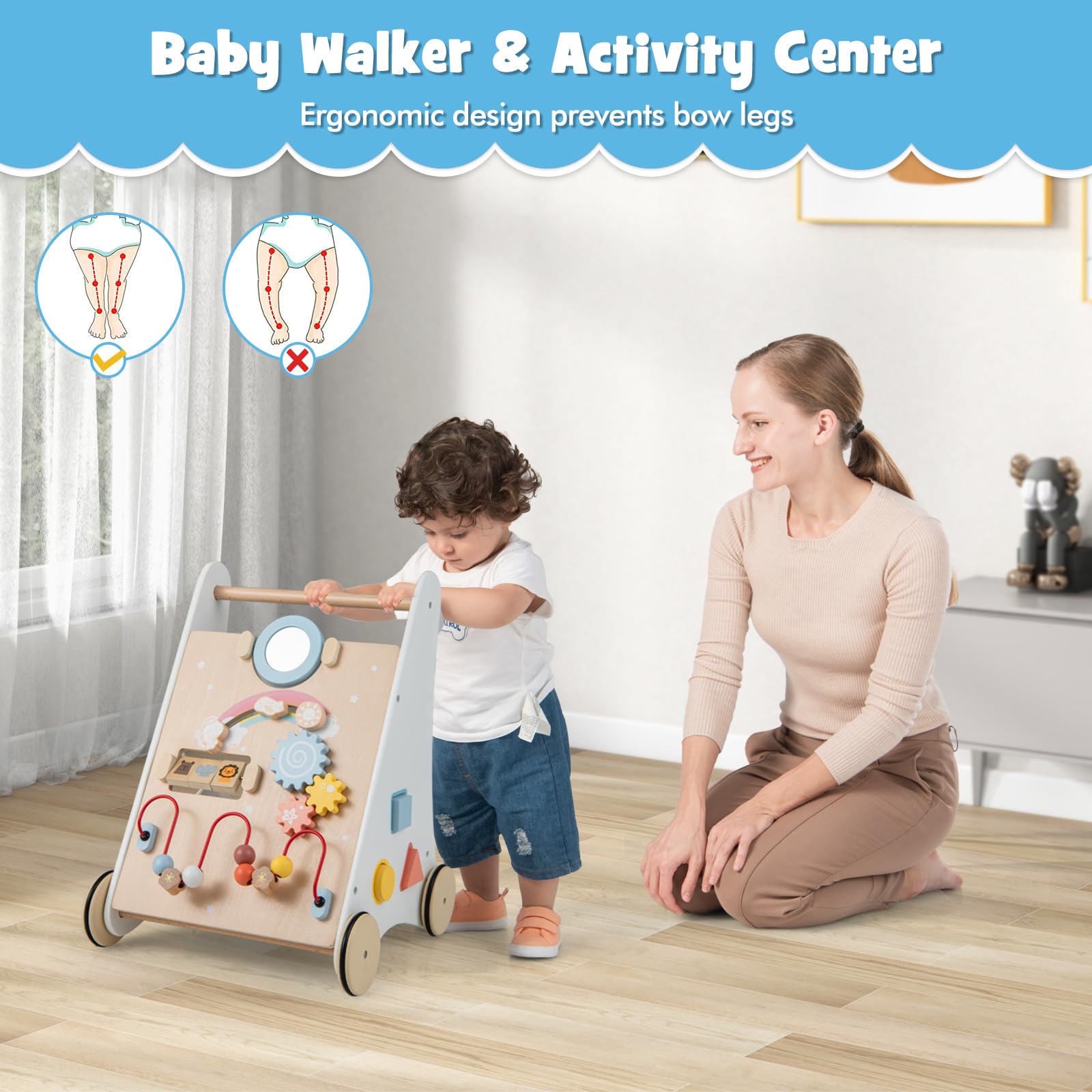 BABY JOY Wooden Baby Walker, Push and Pull Sit-to-Stand Learning Walker Activity Center, Toddler Montessori Educational Toy, Develops Motor Skills & Stimulates Creativity, Push Walker for Boys Girls