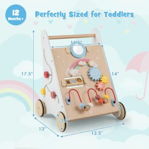 BABY JOY Wooden Baby Walker, Push and Pull Sit-to-Stand Learning Walker Activity Center, Toddler Montessori Educational Toy, Develops Motor Skills & Stimulates Creativity, Push Walker for Boys Girls