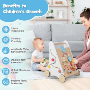 BABY JOY Wooden Baby Walker, Push and Pull Sit-to-Stand Learning Walker Activity Center, Toddler Montessori Educational Toy, Develops Motor Skills & Stimulates Creativity, Push Walker for Boys Girls