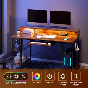 Rolanstar Computer Desk 55 inch with LED Lights & Power Outlets, Gaming Desk with Storage Shelves, Home Office Desk with Keyboard Tray, Writing Desk with Monitor Stand, Work Desk, Rustic Brown