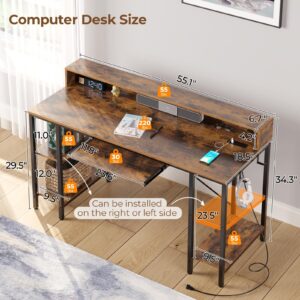 Rolanstar Computer Desk 55 inch with LED Lights & Power Outlets, Gaming Desk with Storage Shelves, Home Office Desk with Keyboard Tray, Writing Desk with Monitor Stand, Work Desk, Rustic Brown