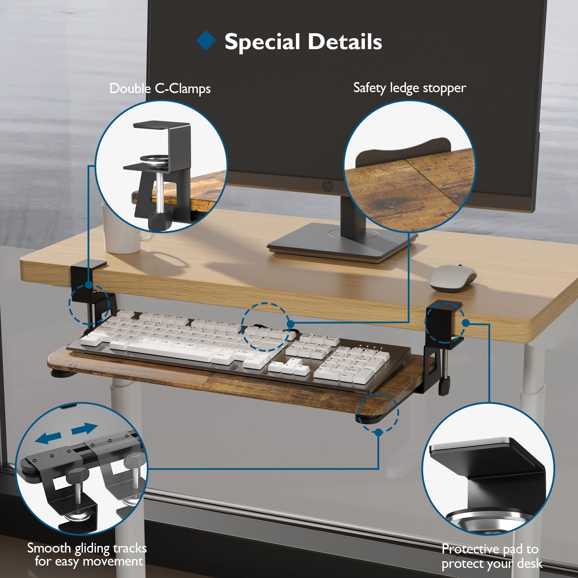 BONTEC Small Keyboard Tray Under Desk, Pull Out Keyboard & Mouse Tray with C Clamp, 20 (24.6 Including Clamps) x 11.8 Inch Steady Slide-Out Computer Drawer, Perfect for Home or Office, Rustic Brown