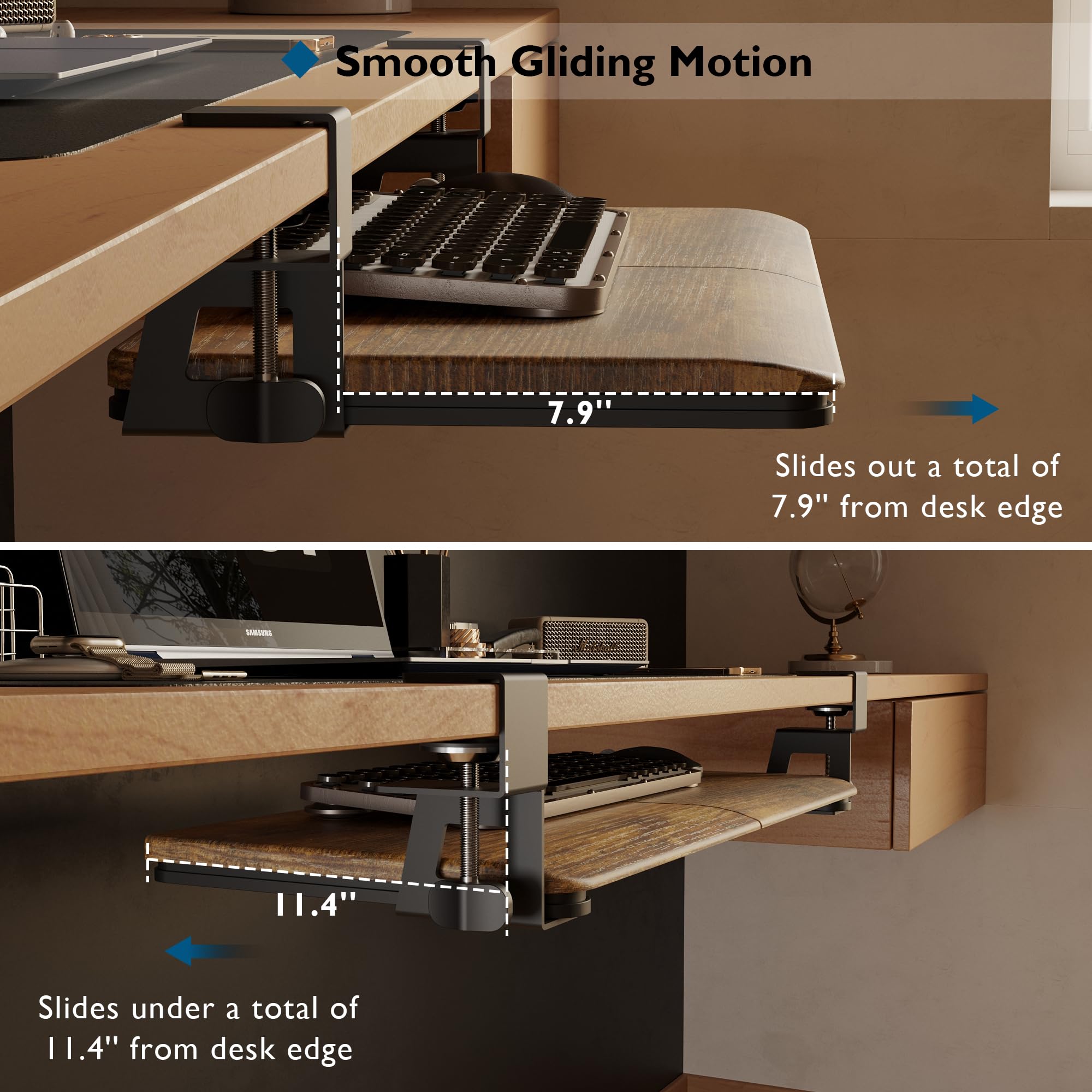 BONTEC Small Keyboard Tray Under Desk, Pull Out Keyboard & Mouse Tray with C Clamp, 20 (24.6 Including Clamps) x 11.8 Inch Steady Slide-Out Computer Drawer, Perfect for Home or Office, Rustic Brown