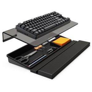 3 in 1 keyboard stand w/wrist rest and storage tray - klearlook [ultra comfortable] pu leather wrist pad & acrylic keyboard riser, 16.9x7.3 inch tilt adjustable computer keyboard stand holder-black