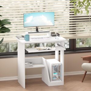 lerijn 30inch small computer desk for small spaces, computer desk with shelves and keyboard tray, standing compact desk with storage, home office study computer desk with monitor stand, white