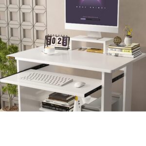 LERIJN 30Inch Small Computer Desk for Small Spaces, Computer desk with shelves and keyboard tray, Standing Compact Desk with Storage, Home Office Study Computer Desk with Monitor Stand, White