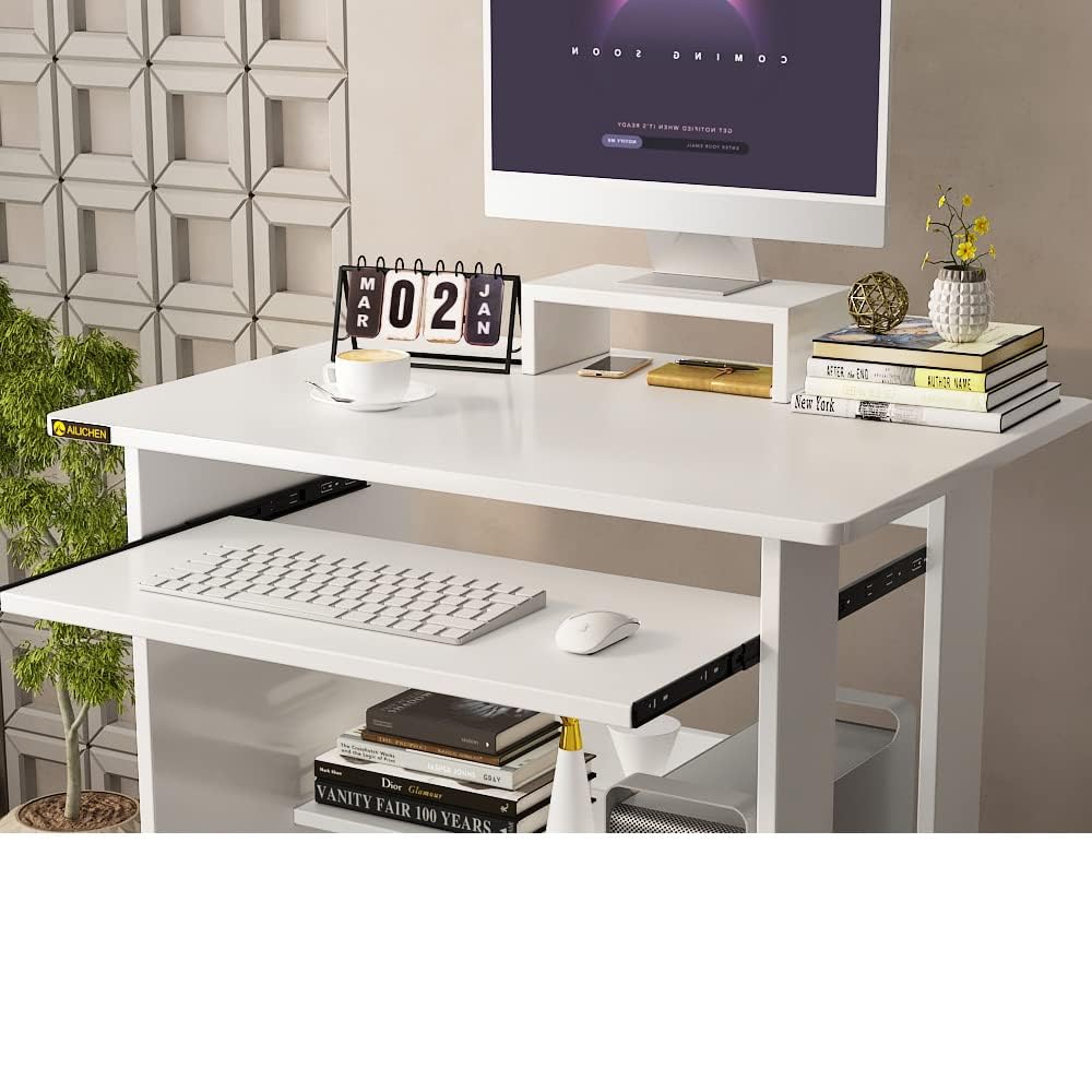 LERIJN 30Inch Small Computer Desk for Small Spaces, Computer desk with shelves and keyboard tray, Standing Compact Desk with Storage, Home Office Study Computer Desk with Monitor Stand, White