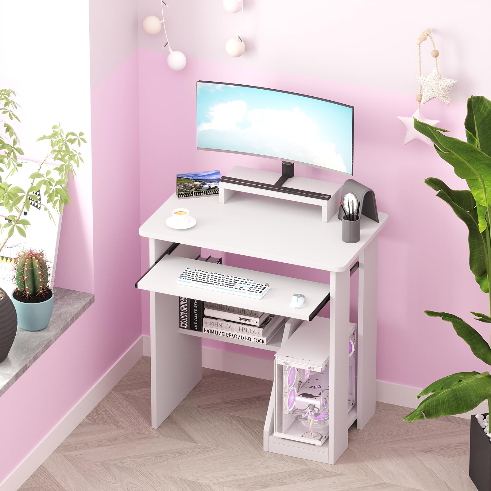 LERIJN 30Inch Small Computer Desk for Small Spaces, Computer desk with shelves and keyboard tray, Standing Compact Desk with Storage, Home Office Study Computer Desk with Monitor Stand, White