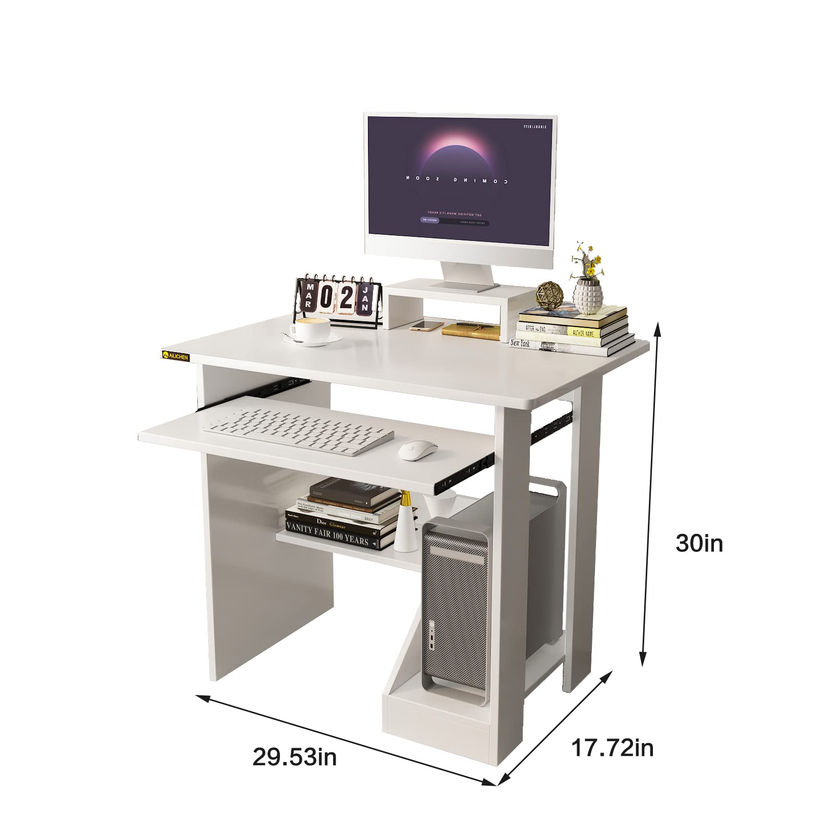 LERIJN 30Inch Small Computer Desk for Small Spaces, Computer desk with shelves and keyboard tray, Standing Compact Desk with Storage, Home Office Study Computer Desk with Monitor Stand, White