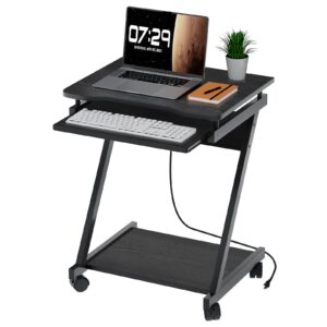 ZERDER Compact Home Office Desk for Small Space, Computer Gaming Desk with Keyboard Tray and Power Outlet, Study Workstation with Bottom Shelf, Black