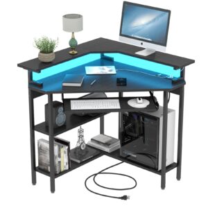 auromie corner desk with charging station & led light, triangle corner desk with monitor stand & keyboard tray for small space, gaming computer desk with storage shelves for home office (black)