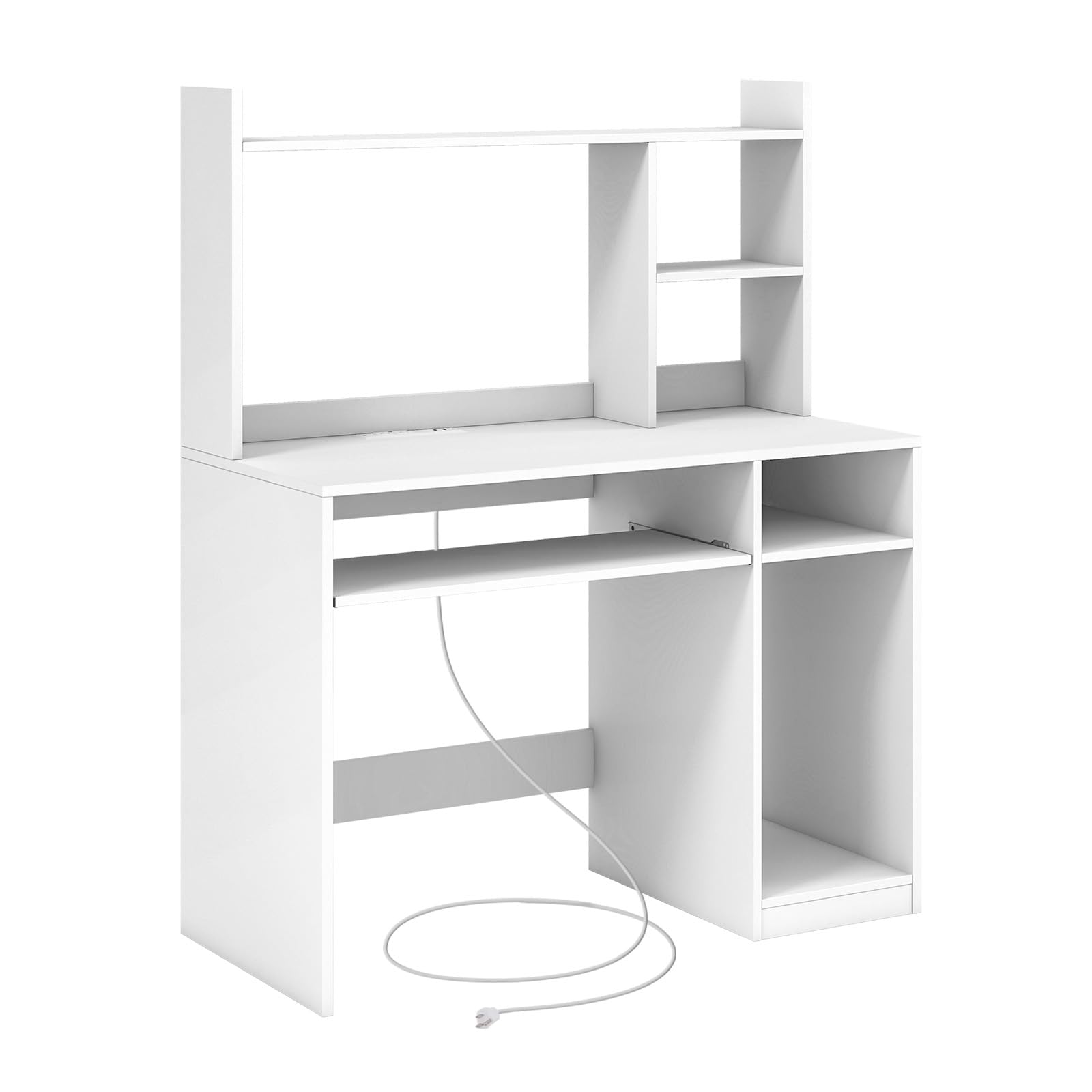 IFANNY White Computer Desk with Hutch, Wood PC Desk w/Power Outlet, Keyboard Tray and CPU Stand, Modern Writing Desk with Bookshelf, Student Desk for Bedroom, Simple Work Desk for Home Office