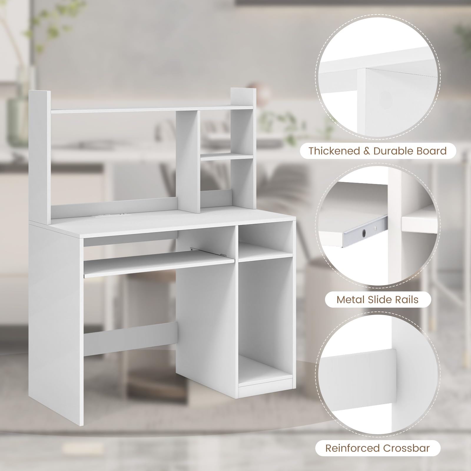 IFANNY White Computer Desk with Hutch, Wood PC Desk w/Power Outlet, Keyboard Tray and CPU Stand, Modern Writing Desk with Bookshelf, Student Desk for Bedroom, Simple Work Desk for Home Office