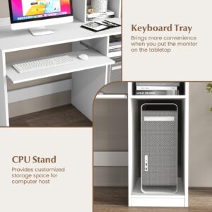 IFANNY White Computer Desk with Hutch, Wood PC Desk w/Power Outlet, Keyboard Tray and CPU Stand, Modern Writing Desk with Bookshelf, Student Desk for Bedroom, Simple Work Desk for Home Office