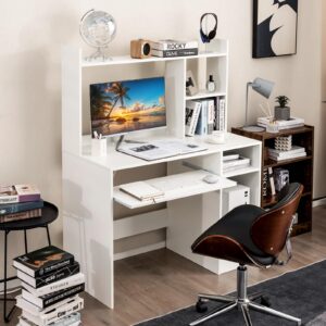 IFANNY White Computer Desk with Hutch, Wood PC Desk w/Power Outlet, Keyboard Tray and CPU Stand, Modern Writing Desk with Bookshelf, Student Desk for Bedroom, Simple Work Desk for Home Office