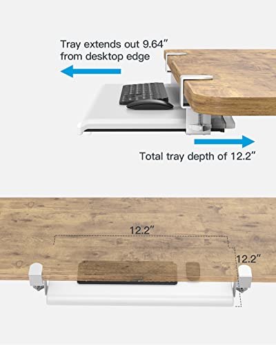 HUANUO Keyboard Tray Under Desk, Ergonomic Large Keyboard Tray with C Clamp, Updated Metal Slide Rail Keyboard Tray Mouse Tray, Pull Out Platform Computer Drawer for Typing, 27.5" W x 12.2" D, White