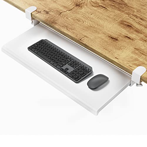 HUANUO Keyboard Tray Under Desk, Ergonomic Large Keyboard Tray with C Clamp, Updated Metal Slide Rail Keyboard Tray Mouse Tray, Pull Out Platform Computer Drawer for Typing, 27.5" W x 12.2" D, White