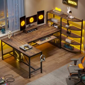 sedeta l shaped computer desk, 65'' office desk with keyboard tray & led light, l shaped desk with storage shelves and monitor stand for home office, l desk, rustic brown