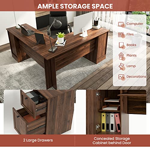 Tangkula L-Shaped Office Desk with Storage Drawers & Keyboard Tray, Home Office Corner Computer Desk with Cabinet & Inner Adjustable Shelf, Space-Saving Study Writing Desk, Computer Workstation