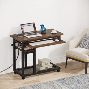 LITTLE TREE Rolling C Side Table Portable Desk with Power Outlet, Small, Brown