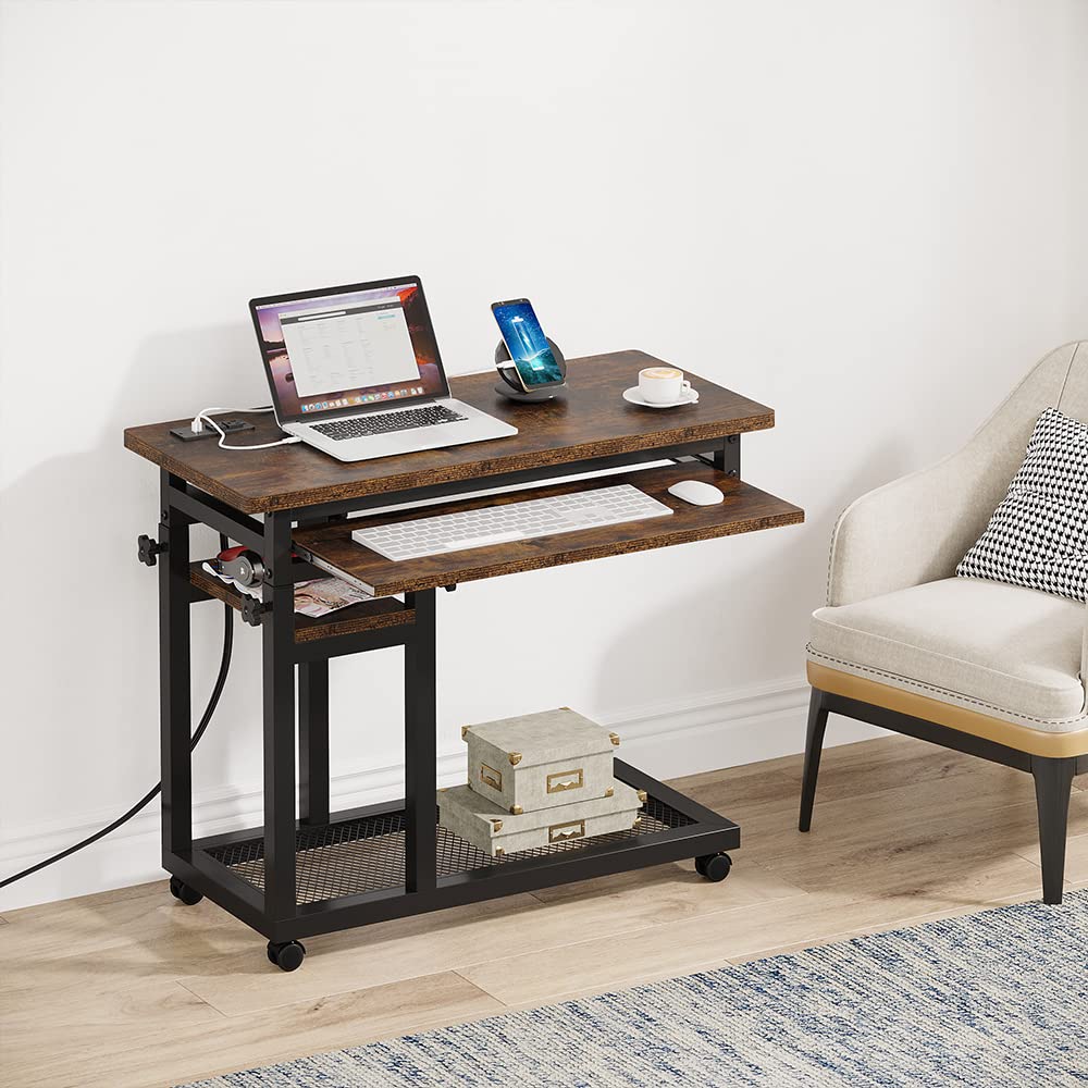 LITTLE TREE Rolling C Side Table Portable Desk with Power Outlet, Small, Brown