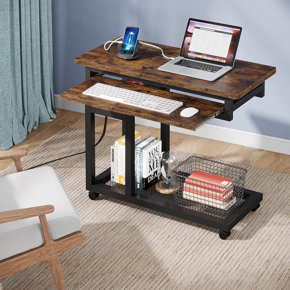 LITTLE TREE Rolling C Side Table Portable Desk with Power Outlet, Small, Brown