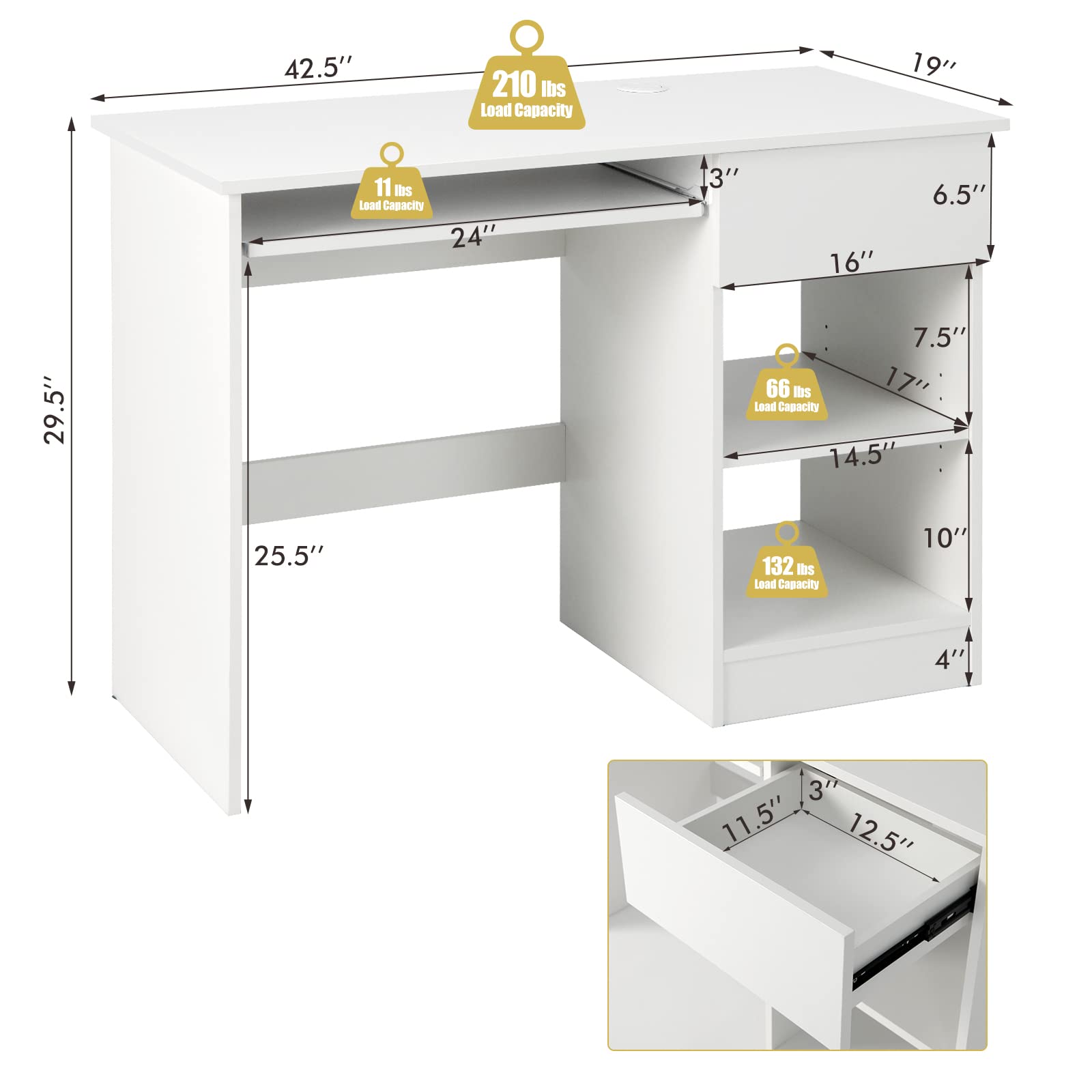 GOFLAME Home Office Desk with Drawer, Wooden Storage Computer Desk with Keyboard Tray & Adjustable Shelves, Executive Table Makeup Vanity Table Desk for Bedroom, Small Space (White)