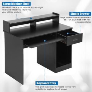 Ckofgdsue 43 inch Computer Desk with Drawers, Home Office Desk with Drawer Keyboard Tray Workstation Laptop Study Table with Shelf Small Writing Desk Black