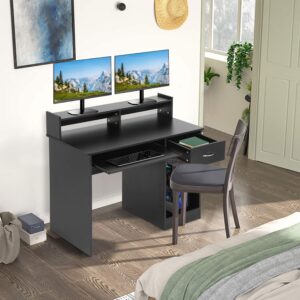 Ckofgdsue 43 inch Computer Desk with Drawers, Home Office Desk with Drawer Keyboard Tray Workstation Laptop Study Table with Shelf Small Writing Desk Black