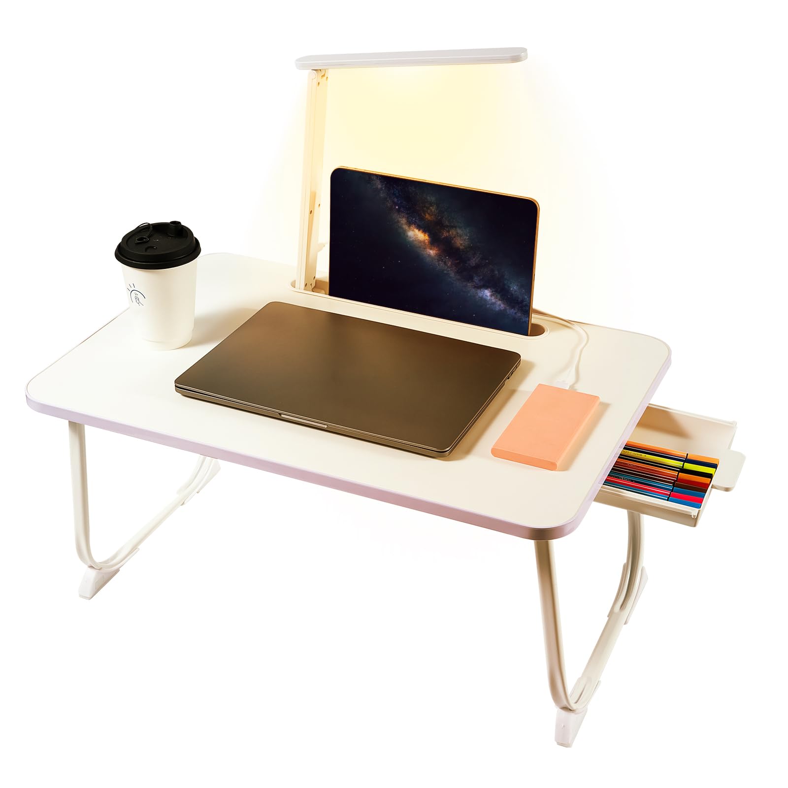 Laptop Desk for Bed Lap Desk with LED Desk Light, Foldable Laptop Bed Table with Storage Drawer, Breakfast Serving Bed Tray Tablet Desk Laptop Folding Stand Reading Holder for Sofa Couch Floor (WHITE)