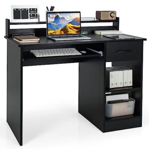 goflame computer desk, home office desk with large drawers, hutch, keyboard tray, 5-position adjustable open shelves, easy assembly, writing desk for bedroom, small space, living room, black