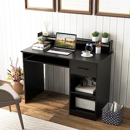 GOFLAME Computer Desk, Home Office Desk with Large Drawers, Hutch, Keyboard Tray, 5-Position Adjustable Open Shelves, Easy Assembly, Writing Desk for Bedroom, Small Space, Living Room, Black