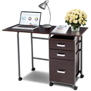 foldable computer laptop desk w/ 3 drawers, wheeled laptop desk with metal frame, space saving folding desk with rolling wheels for home office small space (brown)