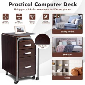 Foldable Computer Laptop Desk w/ 3 Drawers, Wheeled Laptop Desk with Metal Frame, Space Saving Folding Desk with Rolling Wheels for Home Office Small Space (Brown)