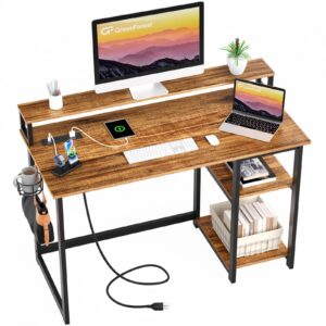 greenforest computer desk with usb charging port and power outlet, reversible home office desk with monitor stand and shelves for small space, 47 inch work desk with cup holder and hook, walnut