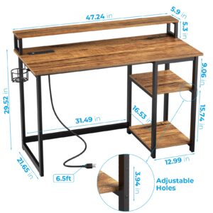 GreenForest Computer Desk with USB Charging Port and Power Outlet, Reversible Home Office Desk with Monitor Stand and Shelves for Small Space, 47 inch Work Desk with Cup Holder and Hook, Walnut