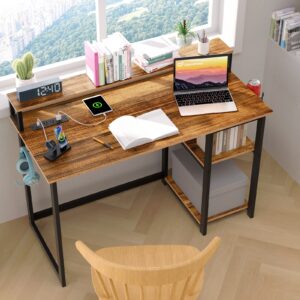 GreenForest Computer Desk with USB Charging Port and Power Outlet, Reversible Home Office Desk with Monitor Stand and Shelves for Small Space, 47 inch Work Desk with Cup Holder and Hook, Walnut