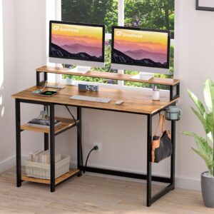 GreenForest Computer Desk with USB Charging Port and Power Outlet, Reversible Home Office Desk with Monitor Stand and Shelves for Small Space, 47 inch Work Desk with Cup Holder and Hook, Walnut