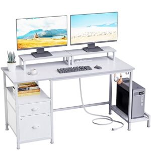 Furologee White Computer Desk with Drawer and Power Outlets, 47" Office Desk with 2 Monitor Stands and Fabric File Cabinet, Writing Gaming Table with Shelves and 2 Hooks for Home Office